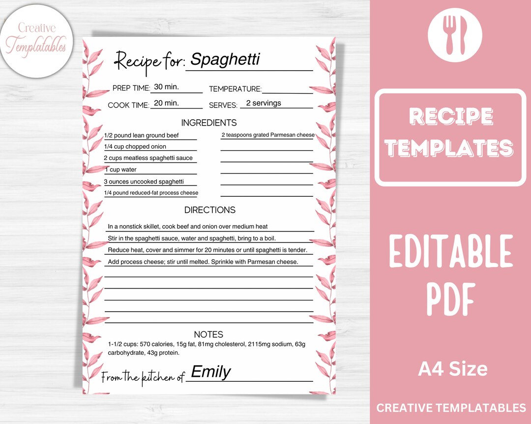 Recipe Template Editable Recipe Planner Recipe Organizer Meal Prep ...