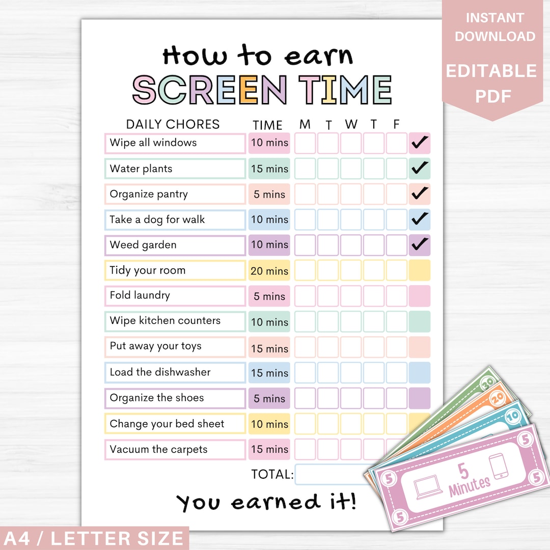 How to Earn Screen Time With Screen Bucks | Editable Allowance Chore ...