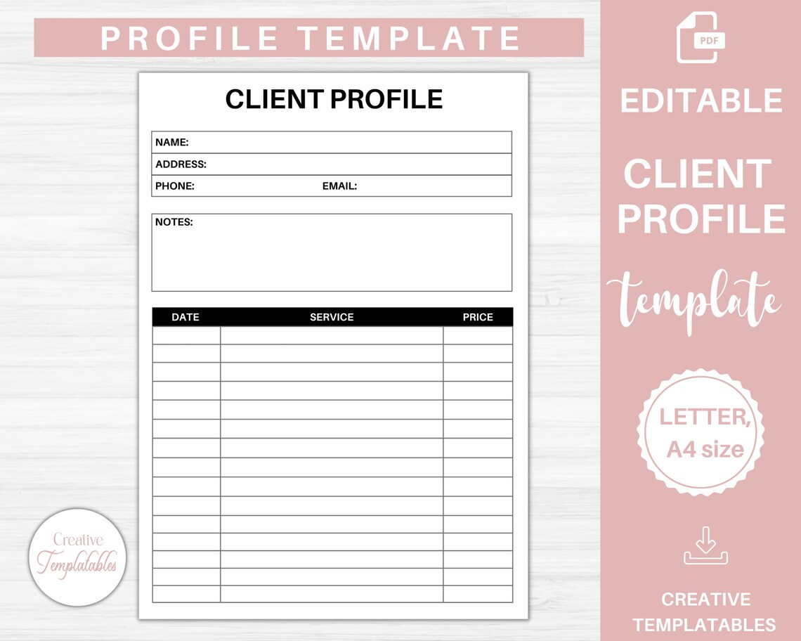 Client Profile Template Editable Customer Profile Tracker Client ...