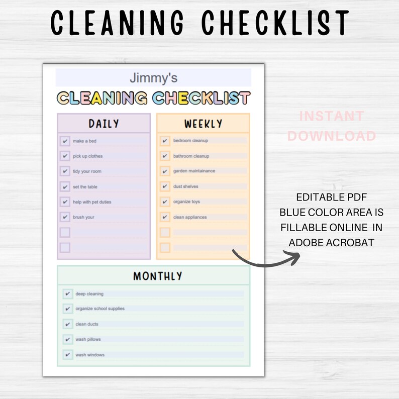 Cleaning Planner Kids Chore Chart Editable Cleaning Schedule for Kids ...