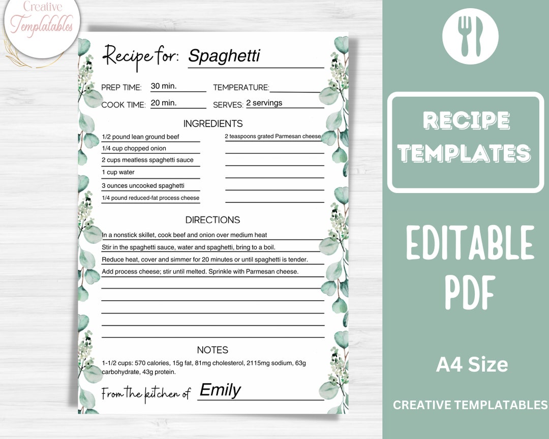 Recipe Template Editable Recipe Planner Recipe Organizer Meal Prep ...
