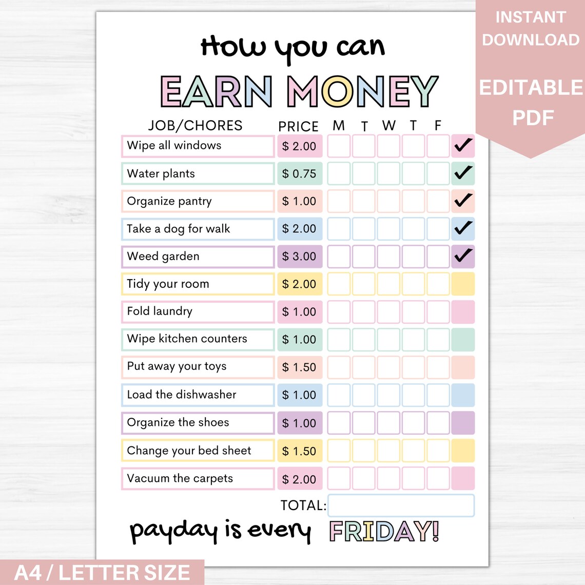 How to Earn Money Chore Chart | Editable Allowance Chore Chart for Kids ...