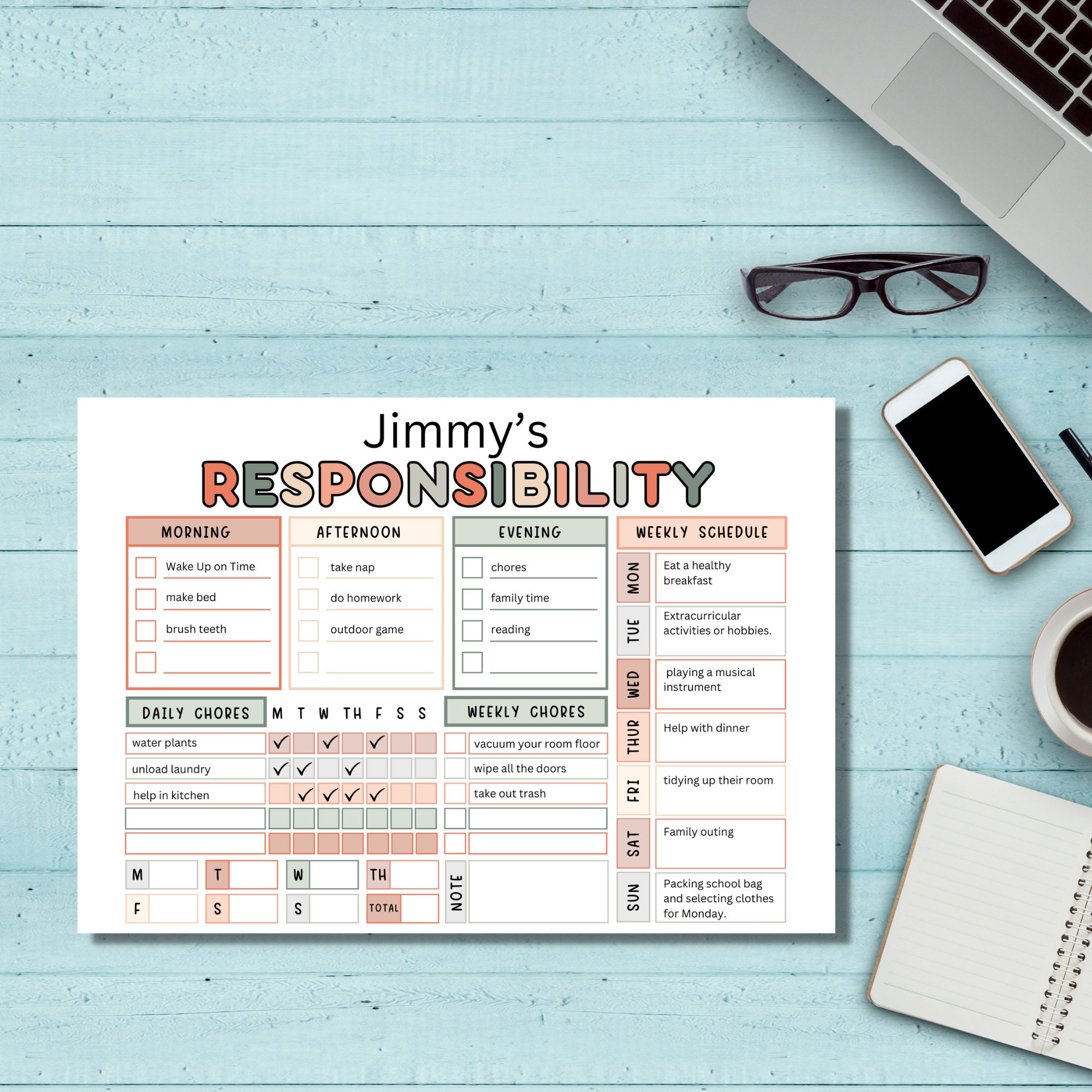 Responsibility Chore Chart for Kids Editable Chore Chart Daily Routine ...