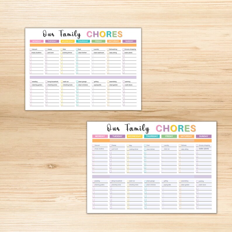 Family Chore Chart 2,3,4,5 Family Members Editable Chore Chart Family ...
