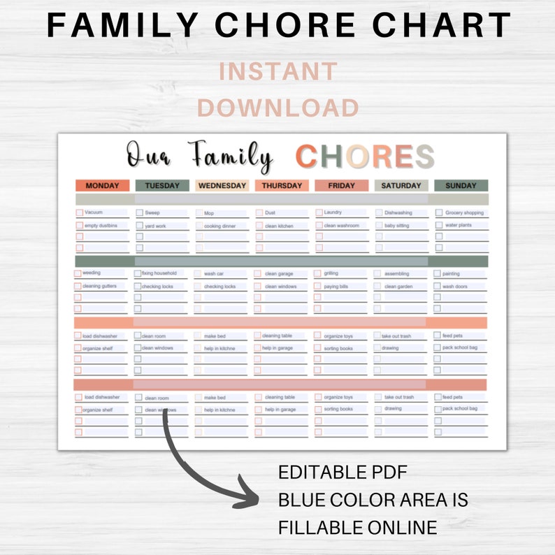 Family Chore Chart 2,3,4,5 Family Members Editable Chore Chart Family ...