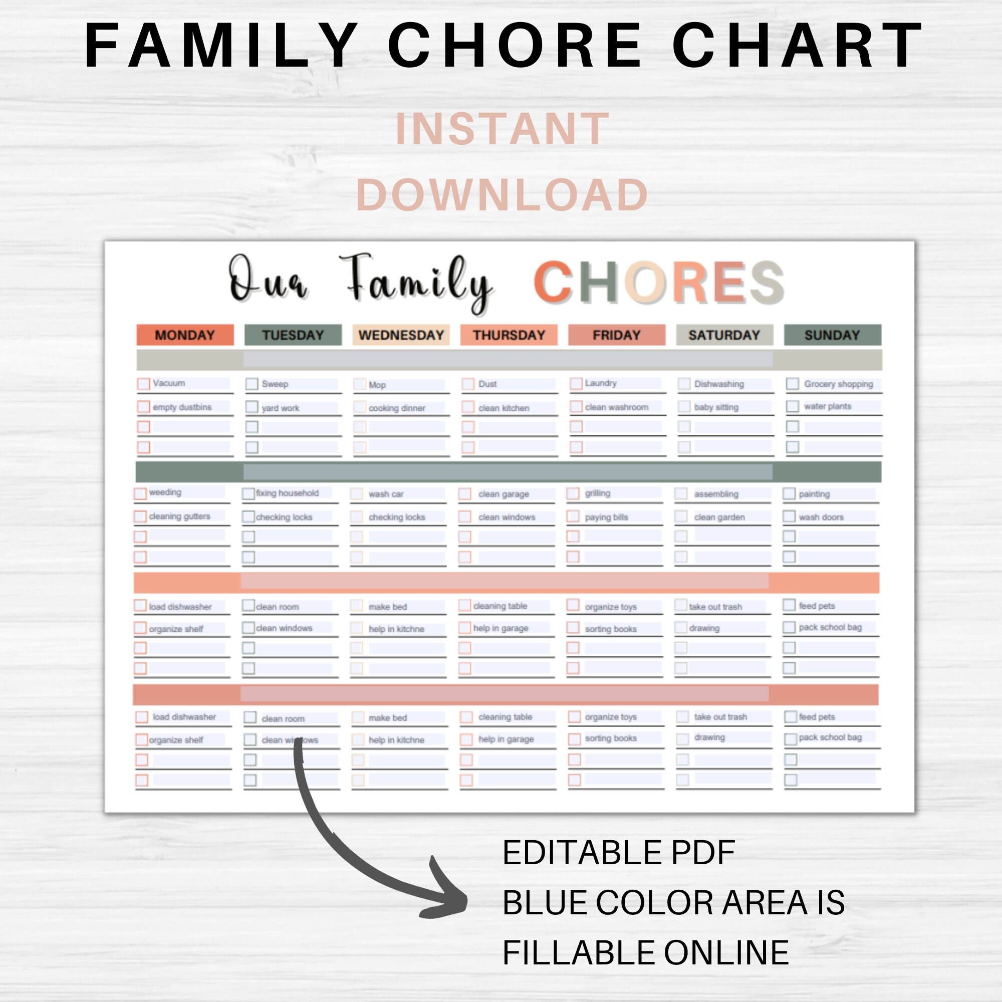 Family Chore Chart 2,3,4,5 Family Members Editable Chore Chart Family ...