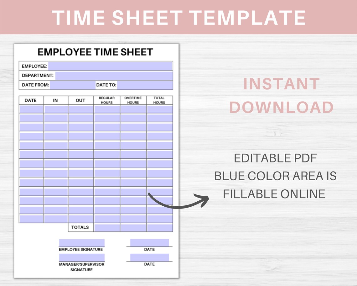 Employee Time Sheet Editable Time Keeping Log Weekly Time Tracker ...