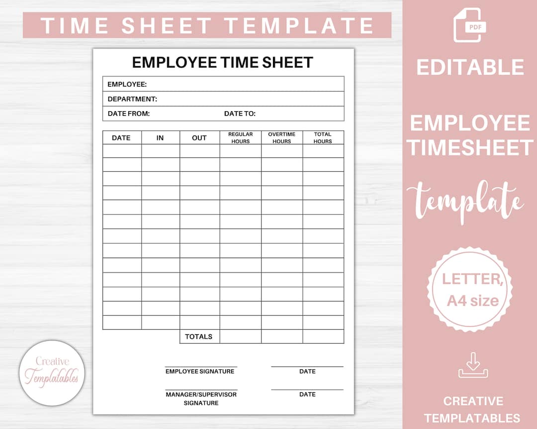 Employee Time Sheet Editable Time Keeping Log Weekly Time Tracker ...