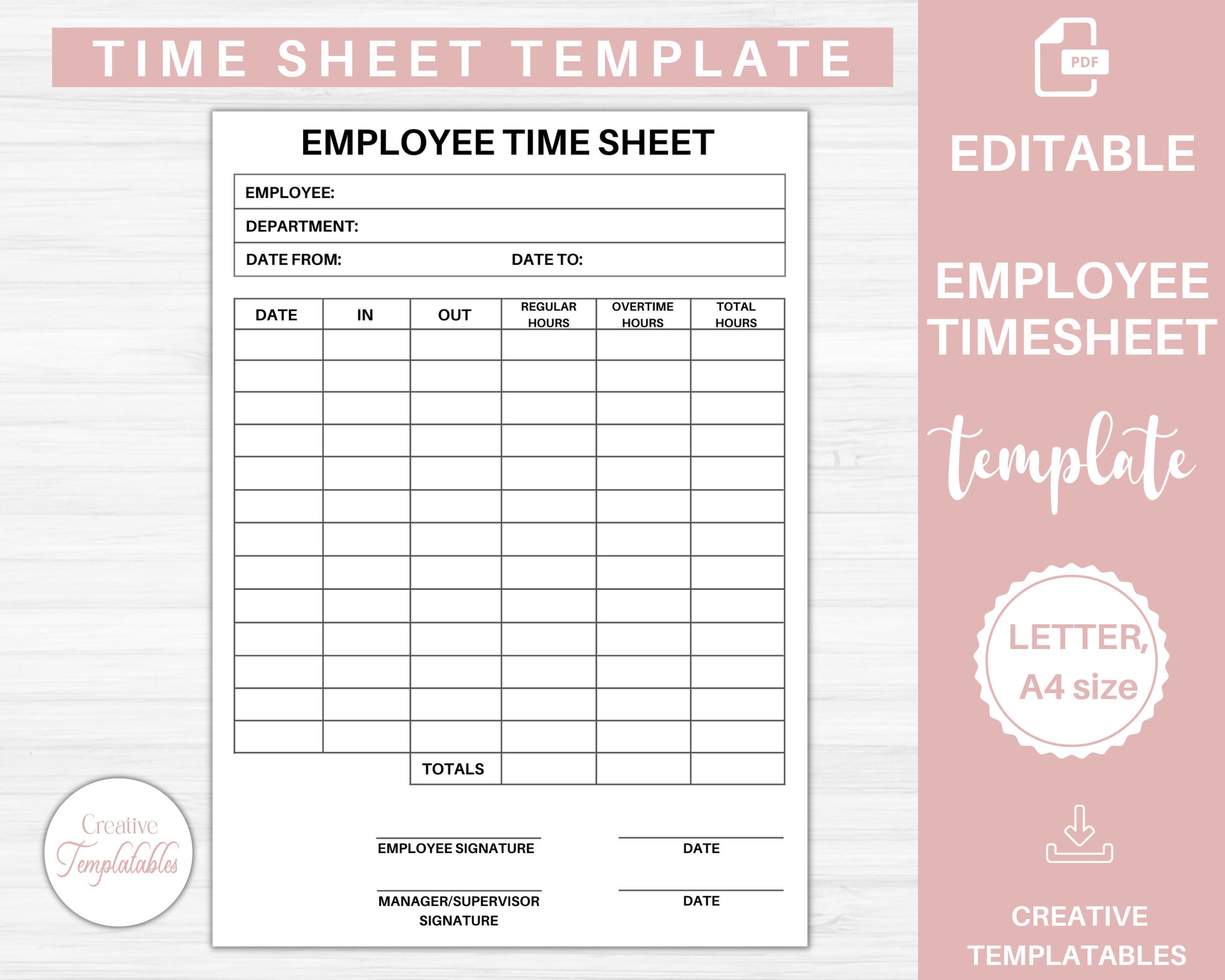 Employee Time Sheet Editable Time Keeping Log Weekly Time Tracker ...