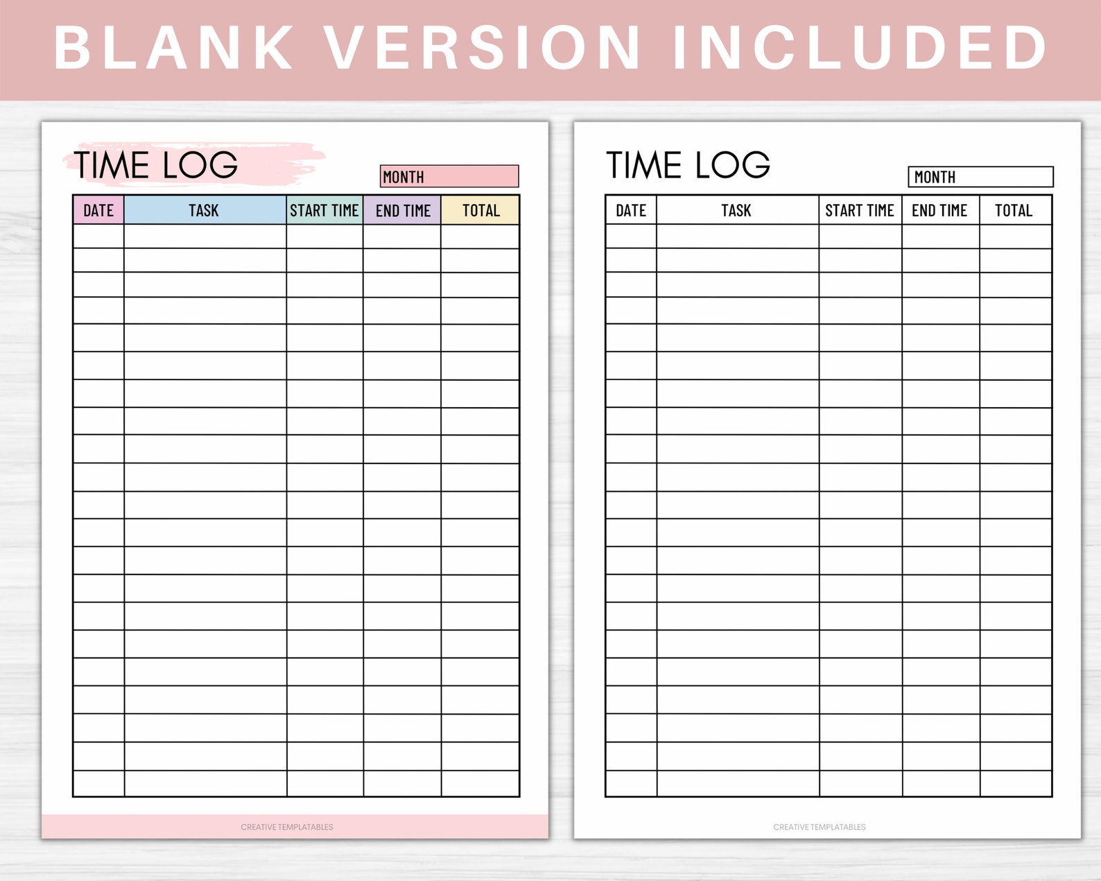 Time Log Time Spent Tracker Printable Time Log Working Hours Log ...