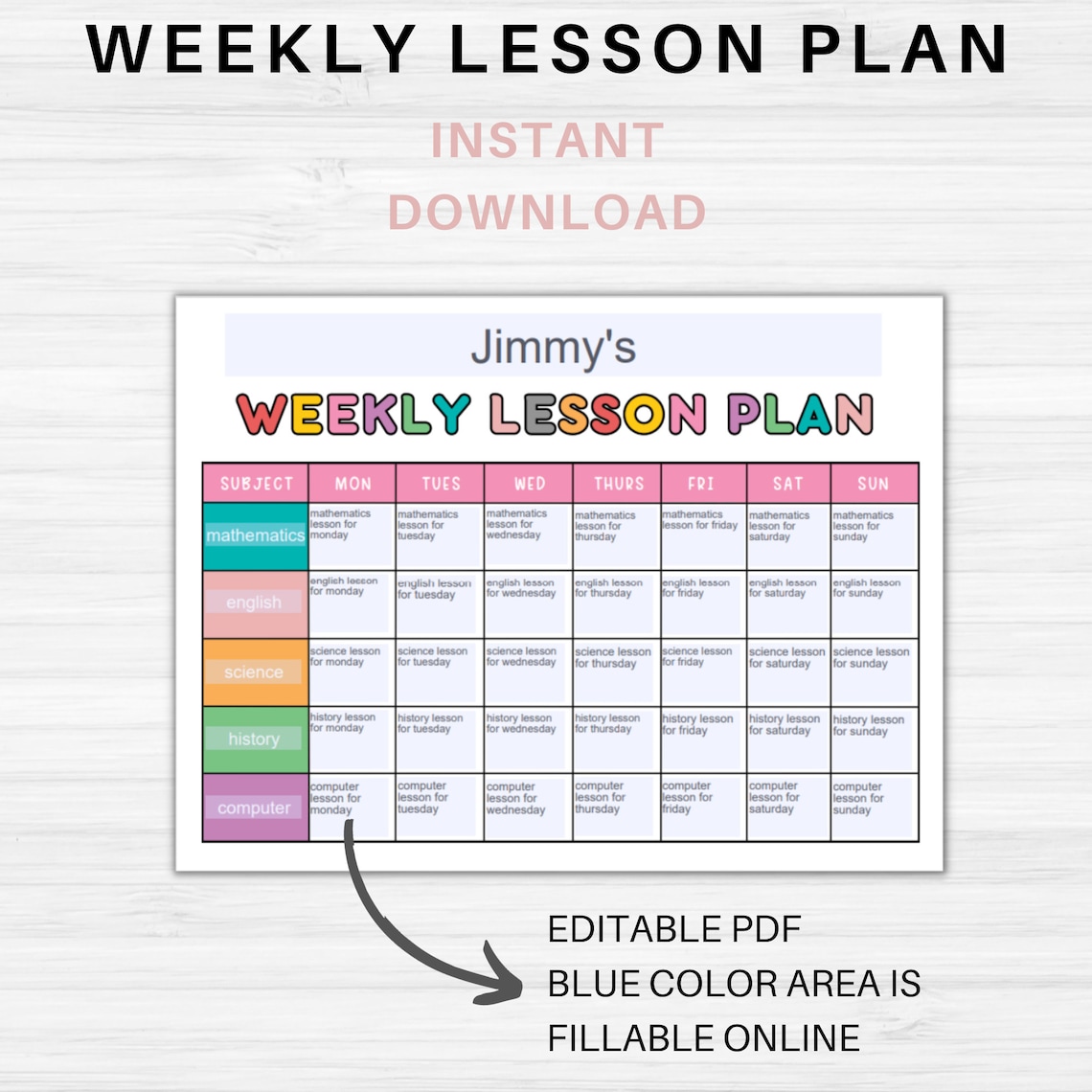 Weekly Lesson Plan Editable | Lesson Planner | Homeschool Teacher ...
