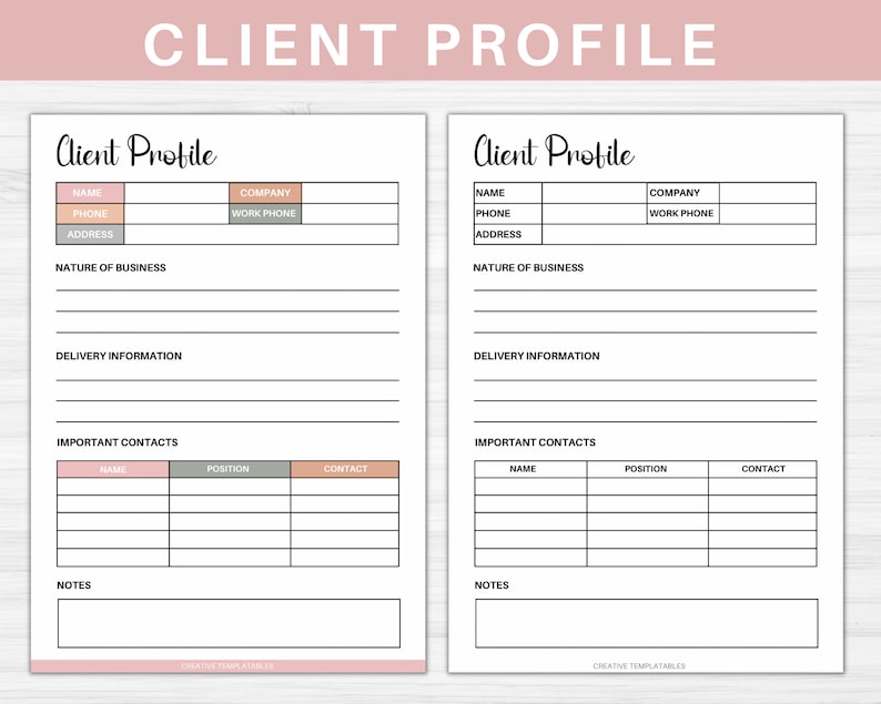 Client Profile Template | Printable Customer Profile Tracker | Client ...