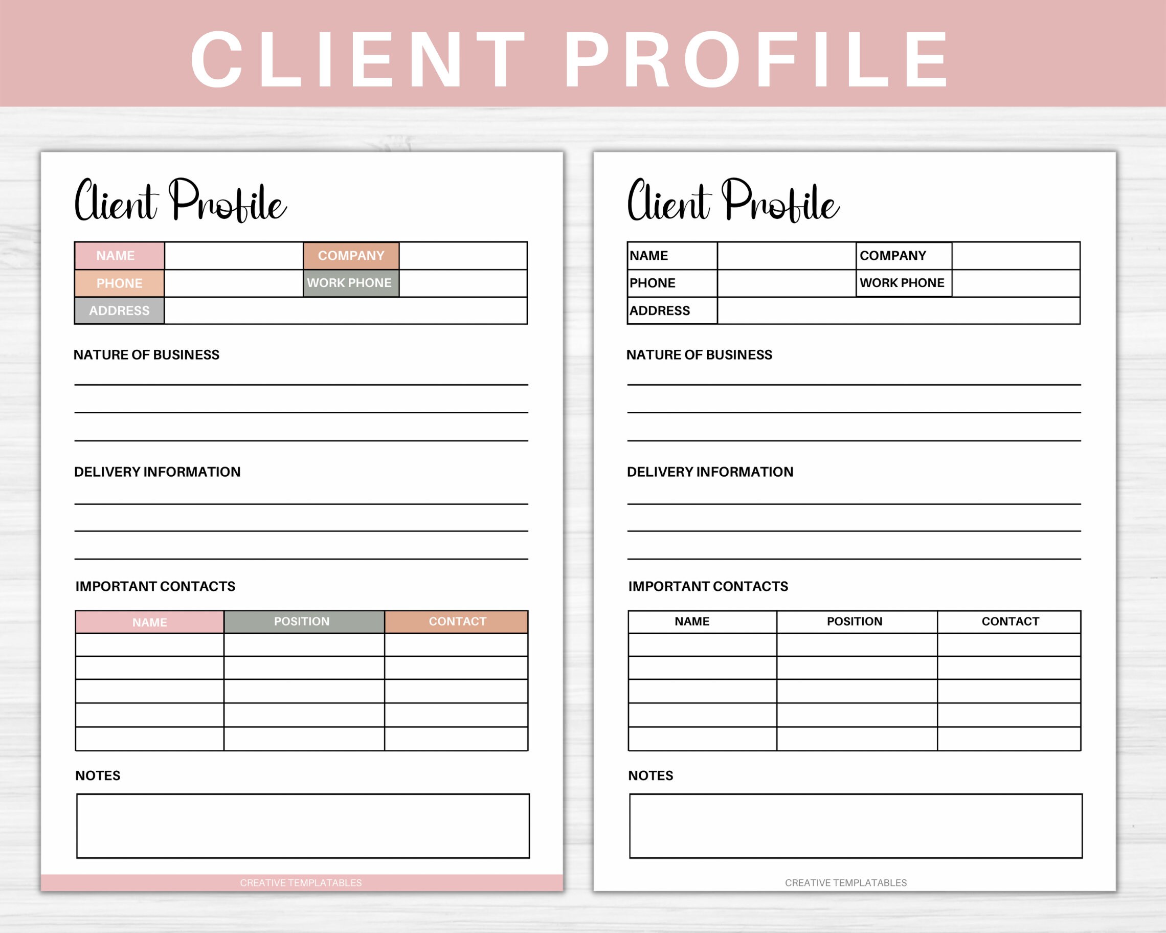 Client Profile Template | Printable Customer Profile Tracker | Client ...