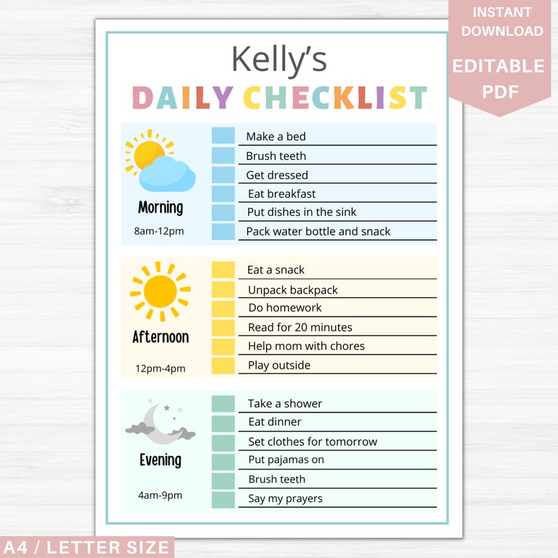Kids Chore Chart Editable Daily Routine Responsibility Chart Kids Daily ...