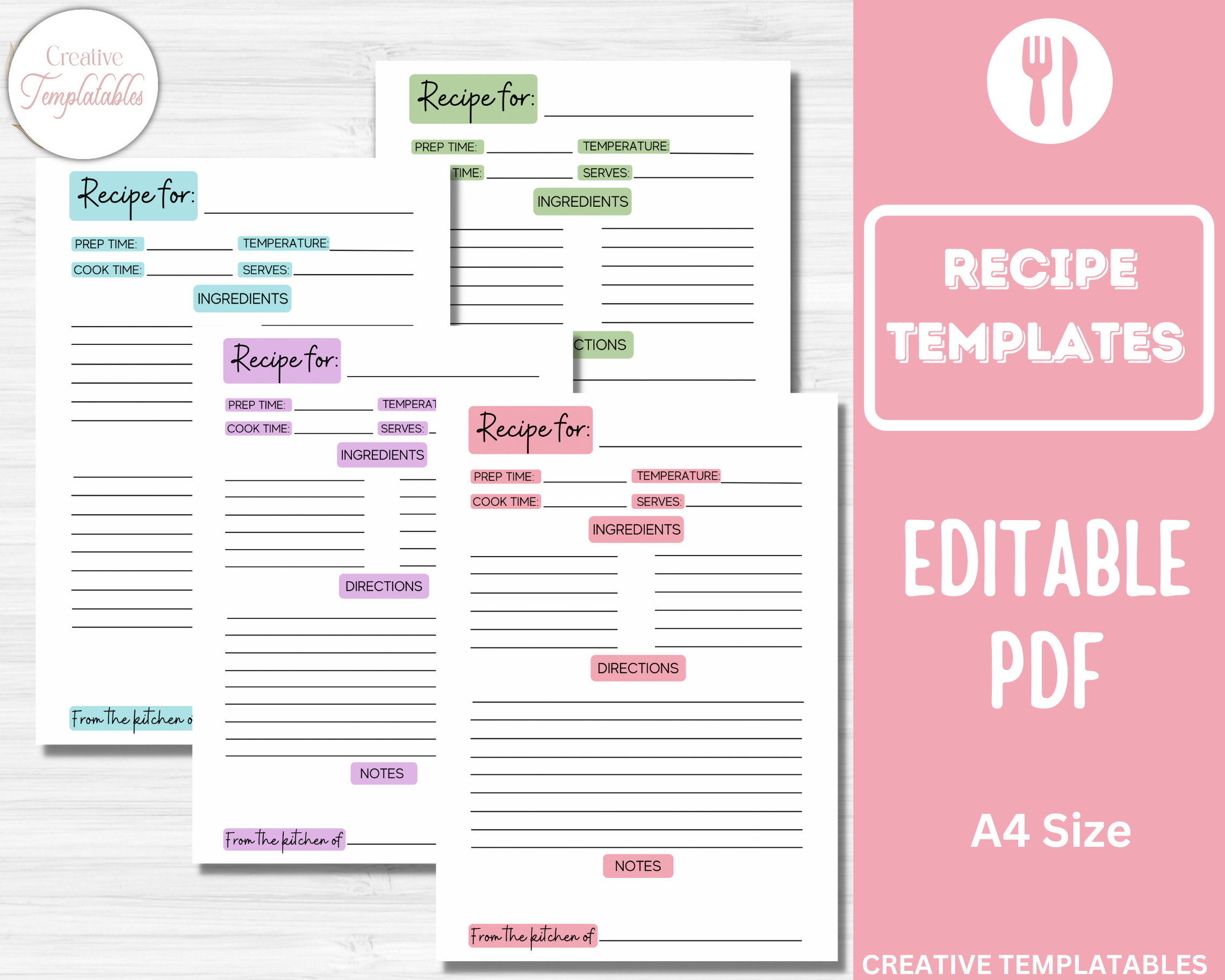 Recipe Template Editable Recipe Planner Recipe Organizer Meal Prep Planner Recipe Binder Kit ...