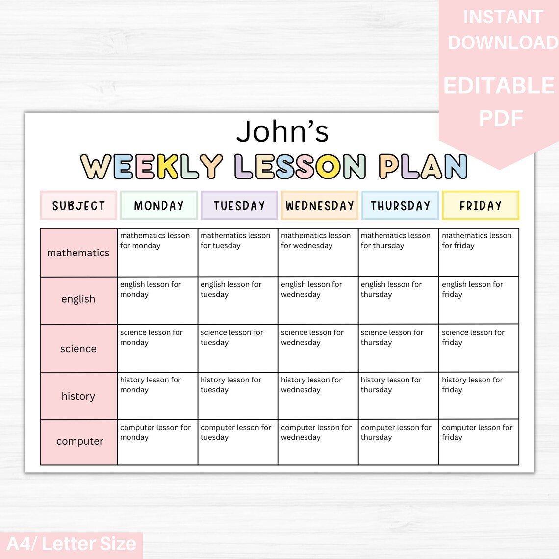 Weekly Lesson Plan Editable | Lesson Planner | Homeschool Teacher ...