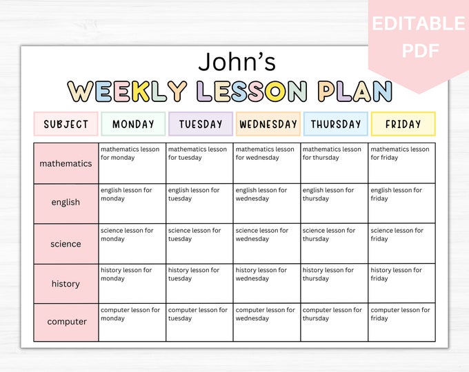 Weekly Lesson Plan Editable | Lesson Planner | Homeschool Teacher ...