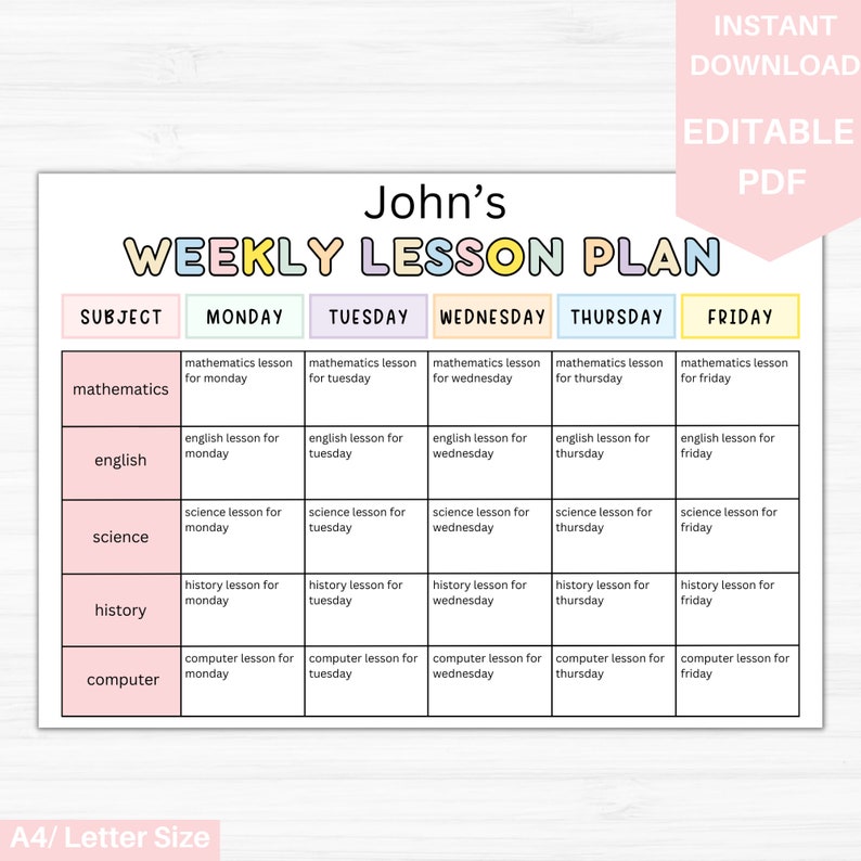 Weekly Lesson Plan Editable | Lesson Planner | Homeschool Teacher ...