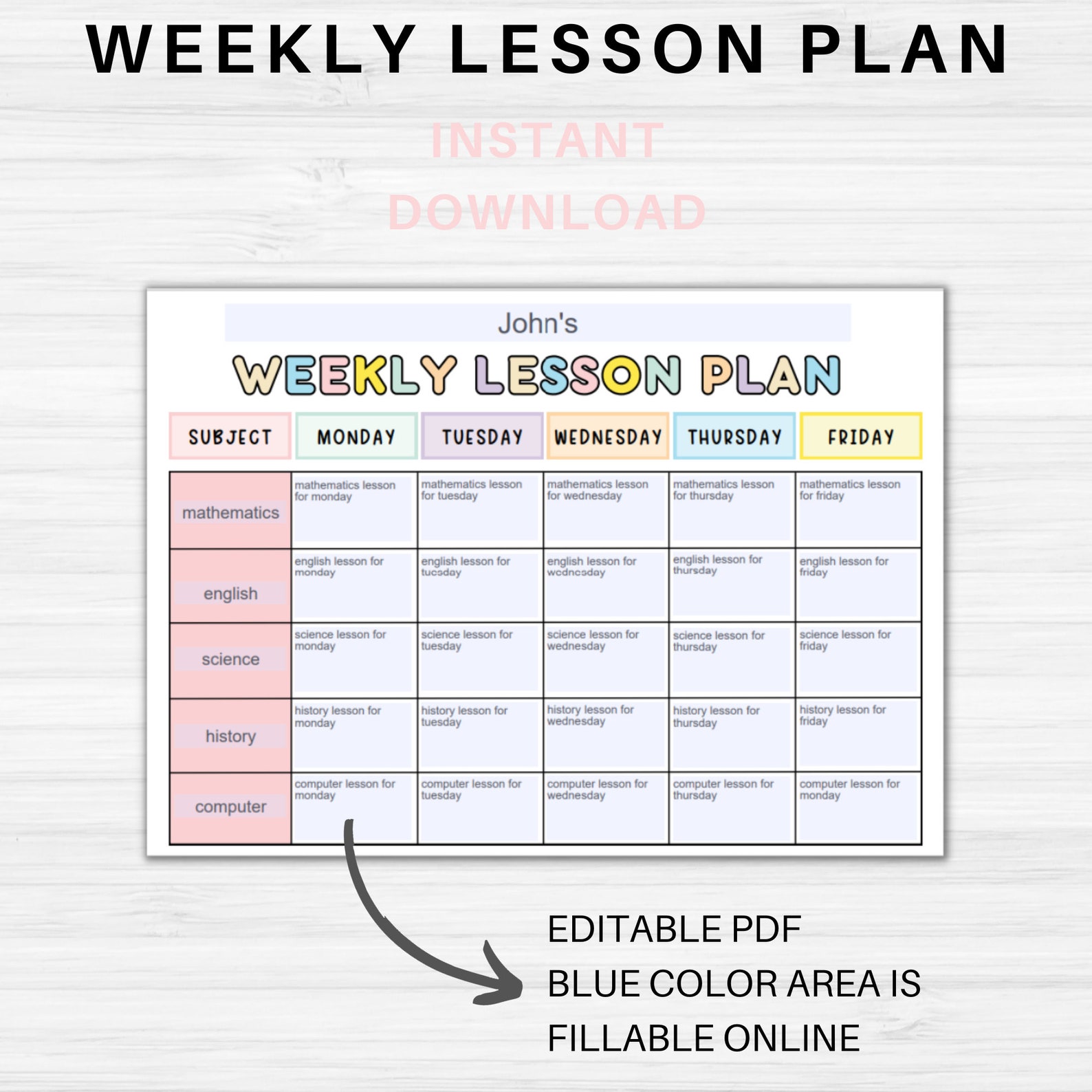 Weekly Lesson Plan Editable | Lesson Planner | Homeschool Teacher ...