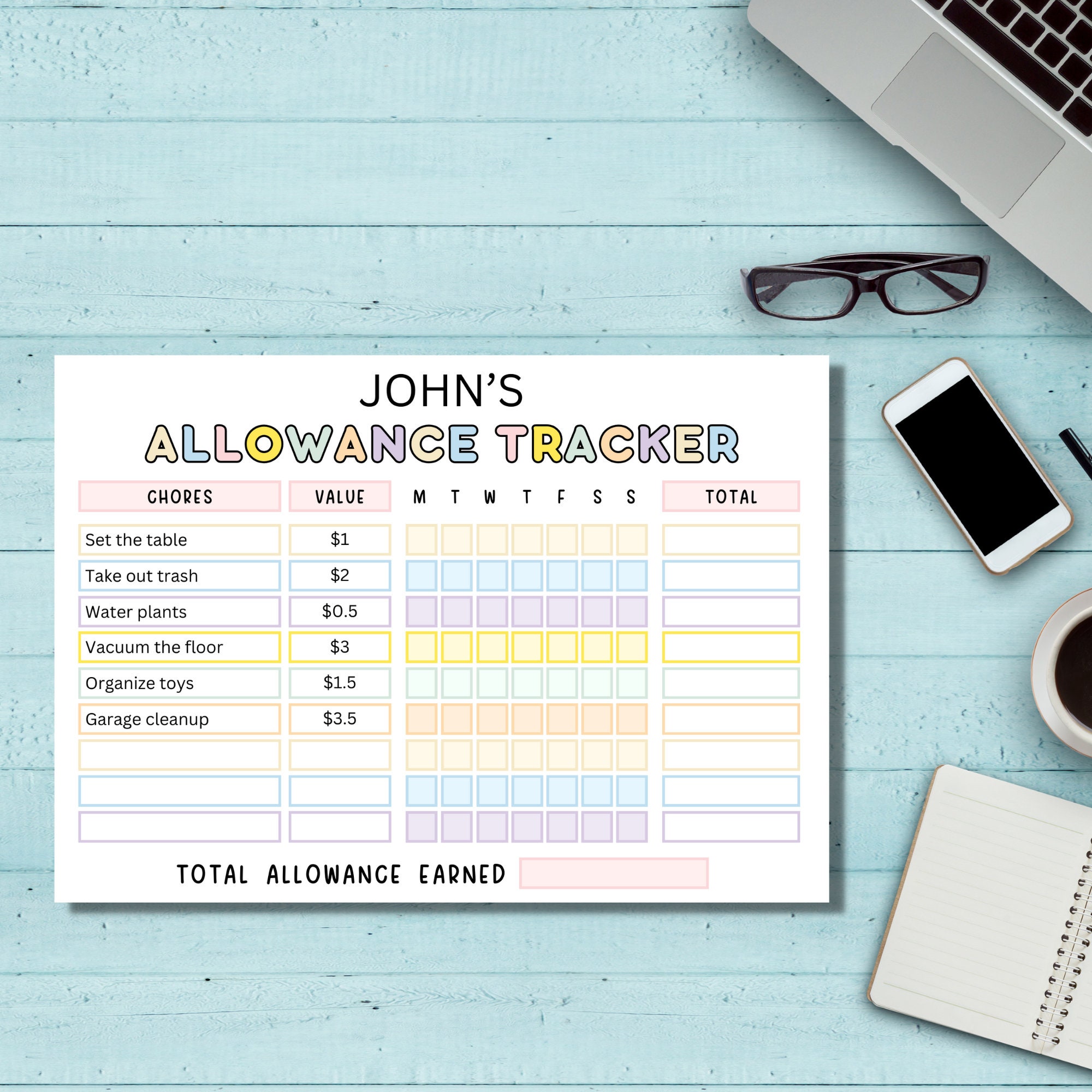 Kids Allowance Tracker Editable Earn Money Chore Chart for Kids Money ...