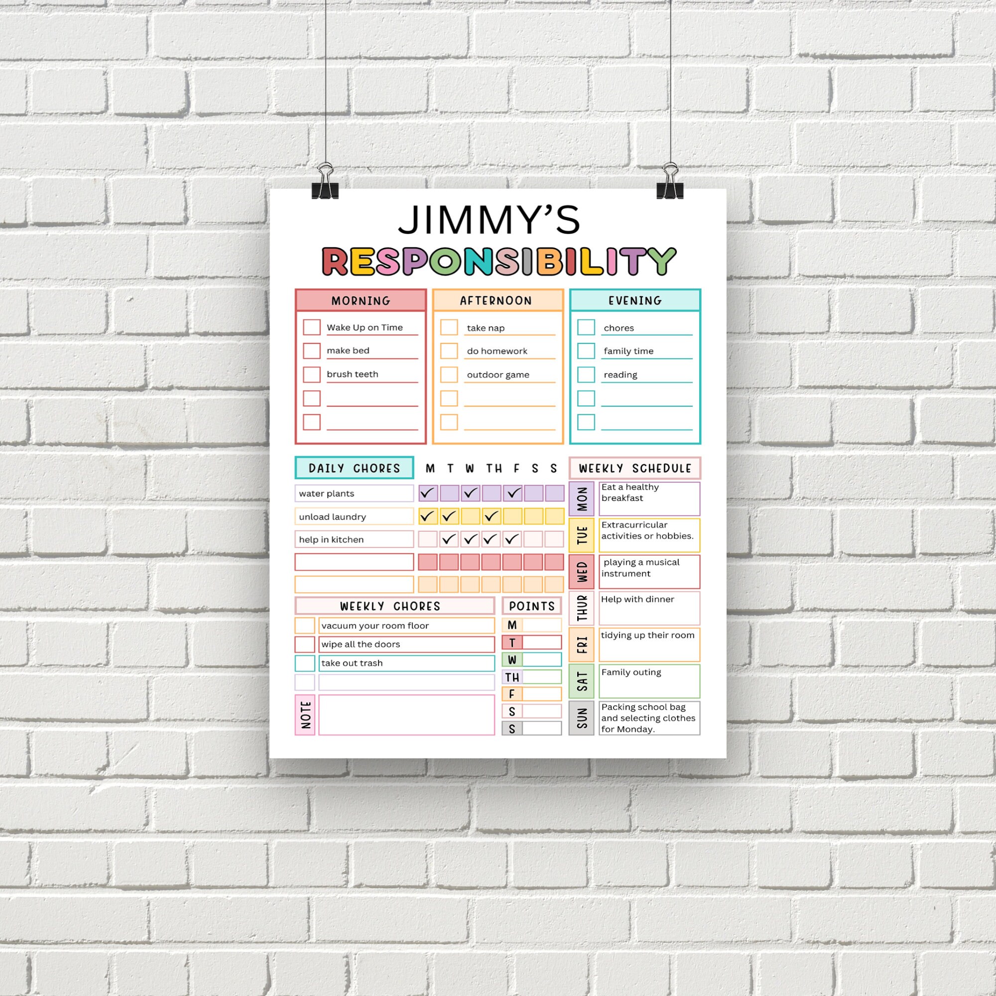 Responsibility Chore Chart for Kids Editable Chore Chart - Etsy