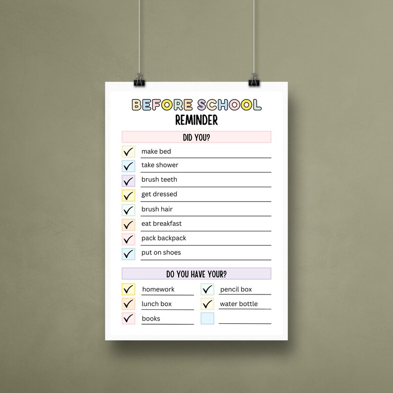 School Checklist Reminders for Kids Preschool Kindergarten Elementary ...