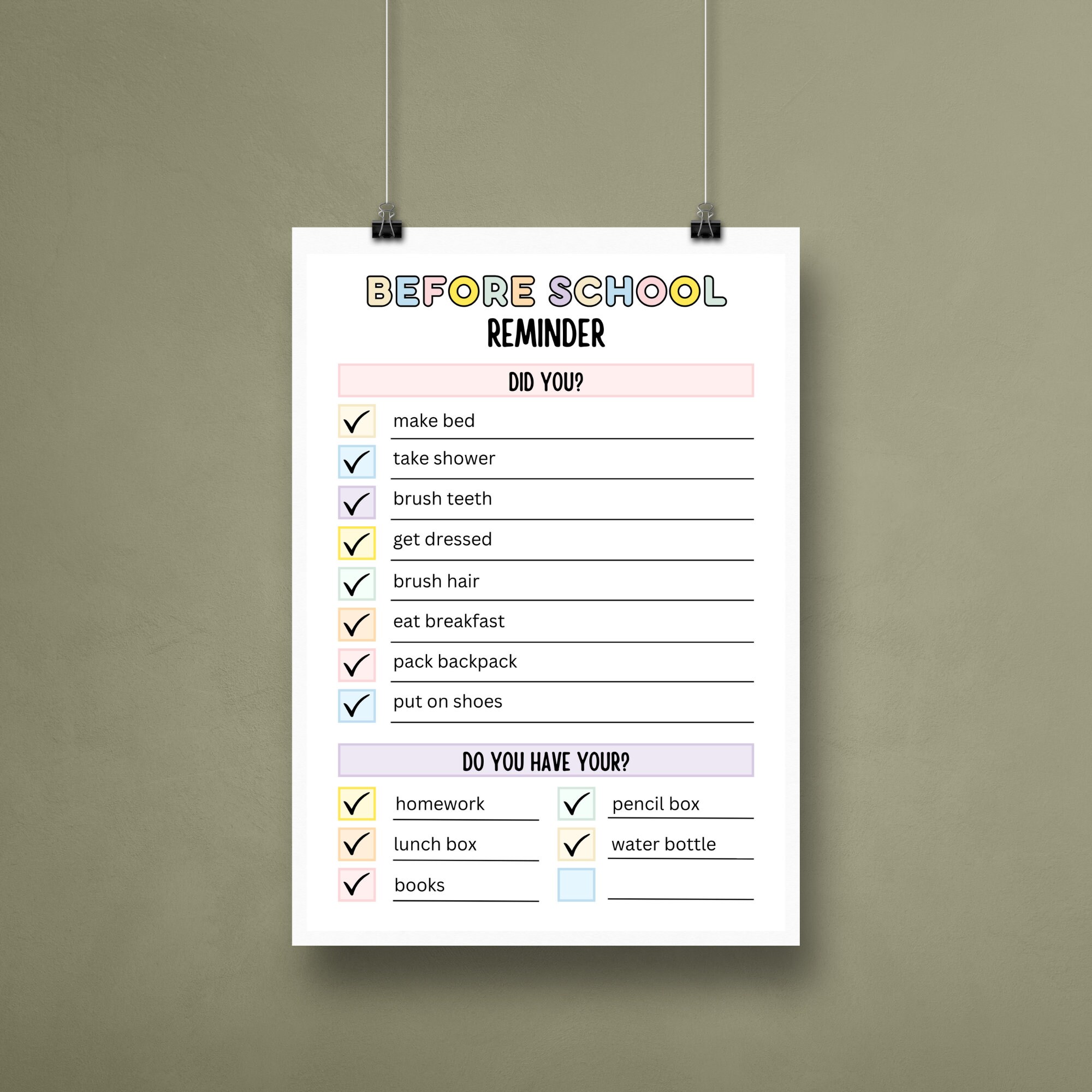 School Checklist Reminders for Kids Preschool Kindergarten Elementary ...