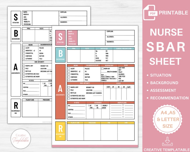 SBAR Nurse Sheet | Printable Nursing Report Sheet | Nurse Report | Med ...