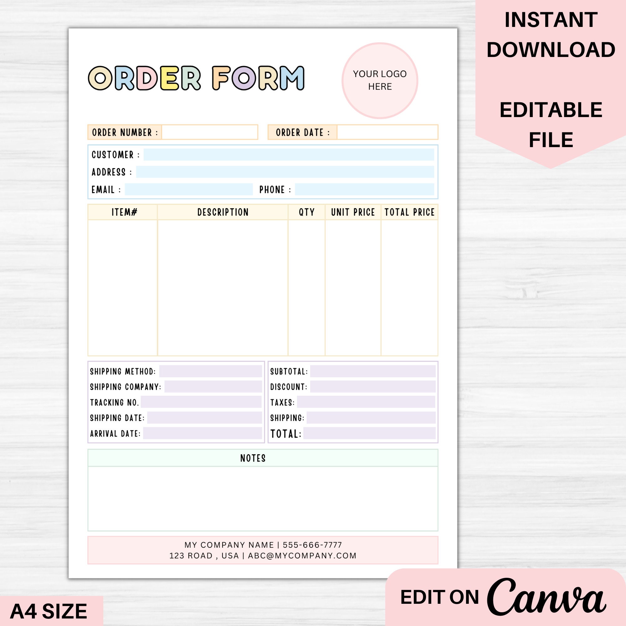 Order Form Editable Payment Template Business Receipt Sales Order Form ...