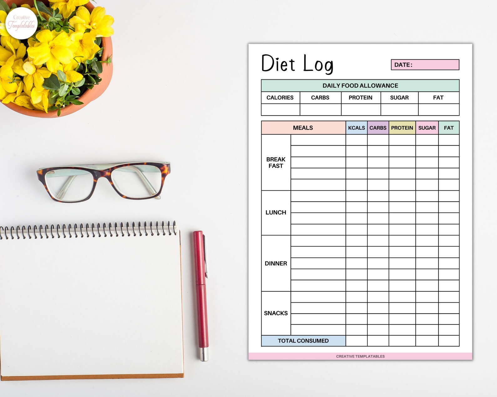 Diet Log Printable Fitness Log Fitness Tracker Diet Tracker Daily Food ...