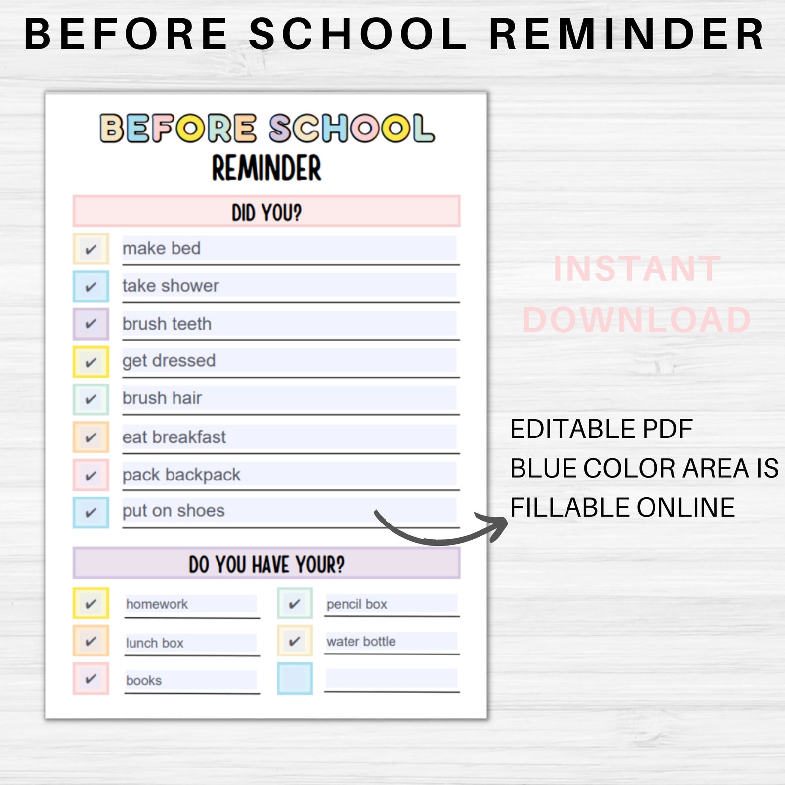 School Checklist Reminders for Kids Preschool Kindergarten Elementary ...