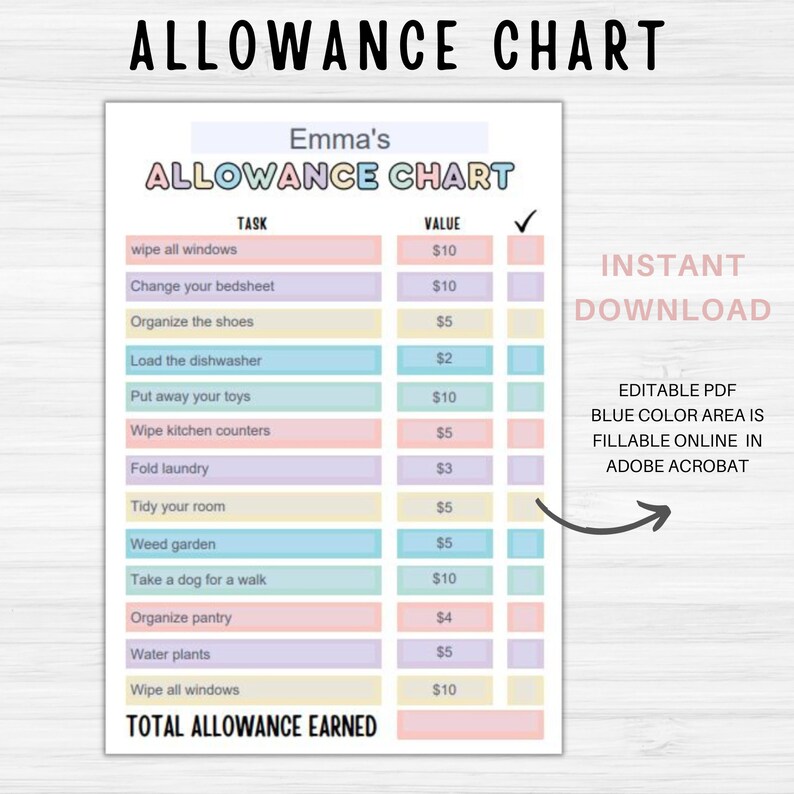 Kids Allowance Tracker Editable Earn Money Chore Chart for Kids Money ...