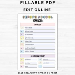 School Checklist Reminders for Kids | Preschool Kindergarten Elementary ...