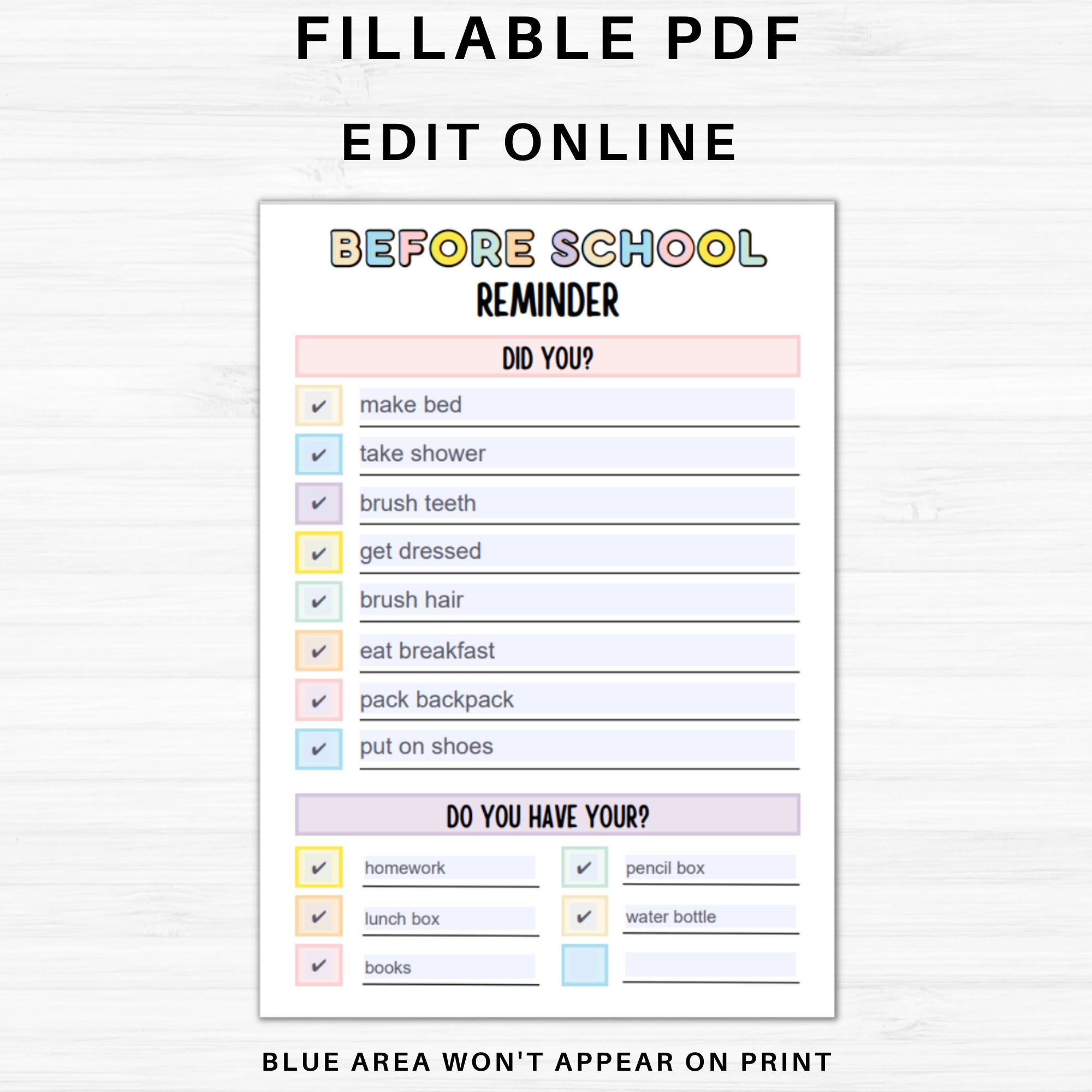 School Checklist Reminders for Kids Preschool Kindergarten Elementary ...