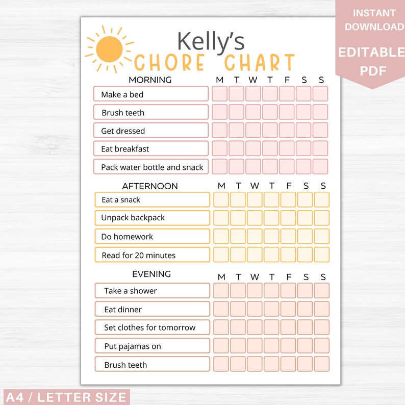 Kids Chore Chart Editable Daily Routine Responsibility Chart - Etsy