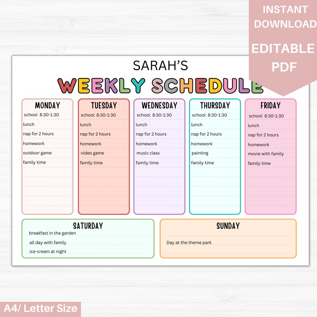 Weekly Schedule Kids Chore Chart Editable Weekly Checklist - Etsy
