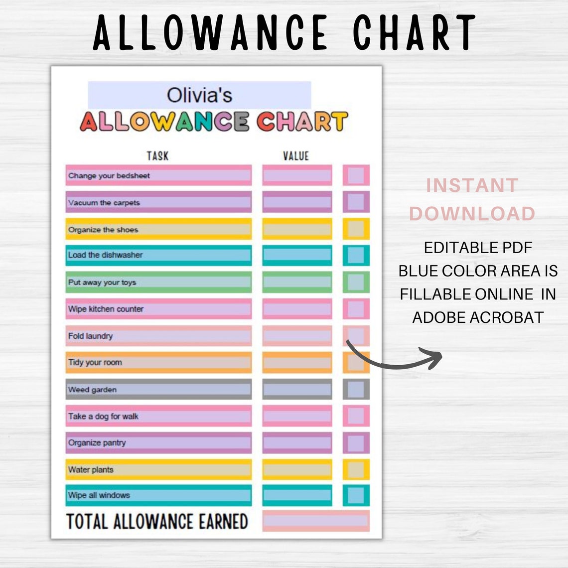 Kids Allowance Tracker Editable | Earn Money Chore Chart for Kids ...