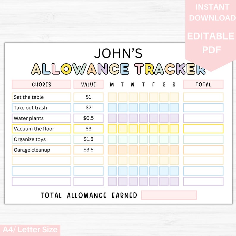 Kids Allowance Tracker Editable | Earn Money Chore Chart for Kids ...