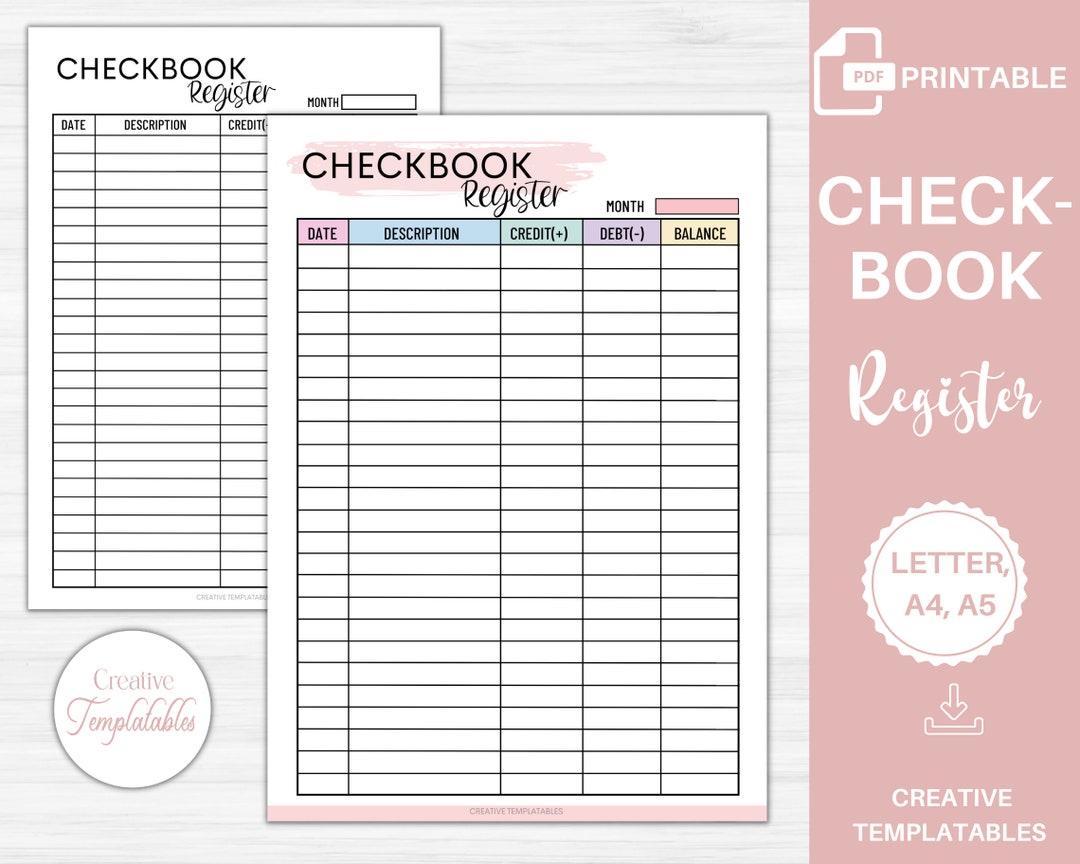 Checkbook Register Printable Check Transaction Tracker Checkbook Log ...