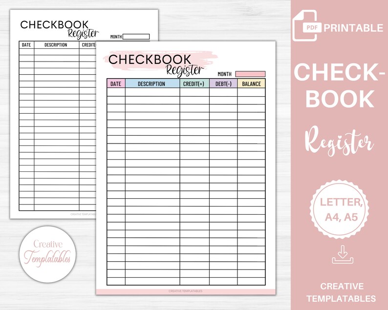Checkbook Register Printable Check Transaction Tracker Checkbook Log ...