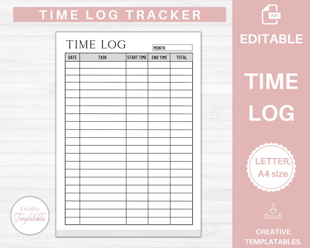 Time Log | Time Spent Tracker | Editable Time Log | Working Hours Log ...