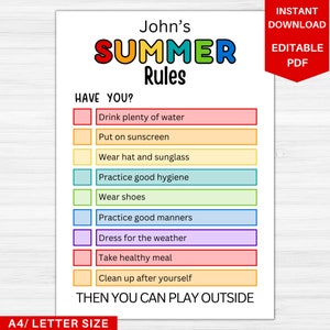 Summer Rules for Kids Summer Routine Editable Summer Rules Checklist ...