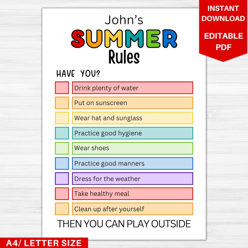 Summer Rules for Kids | Summer Routine | Editable Summer Rules ...