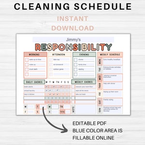 Responsibility Chore Chart for Kids Editable Chore Chart Daily Routine ...