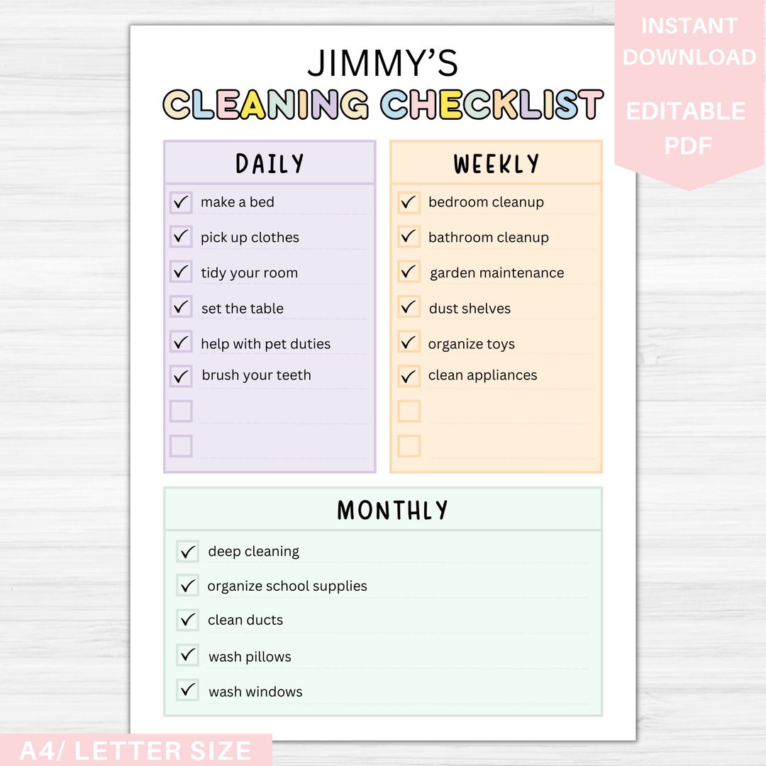 Cleaning Planner Kids Chore Chart Editable Cleaning Schedule for Kids ...