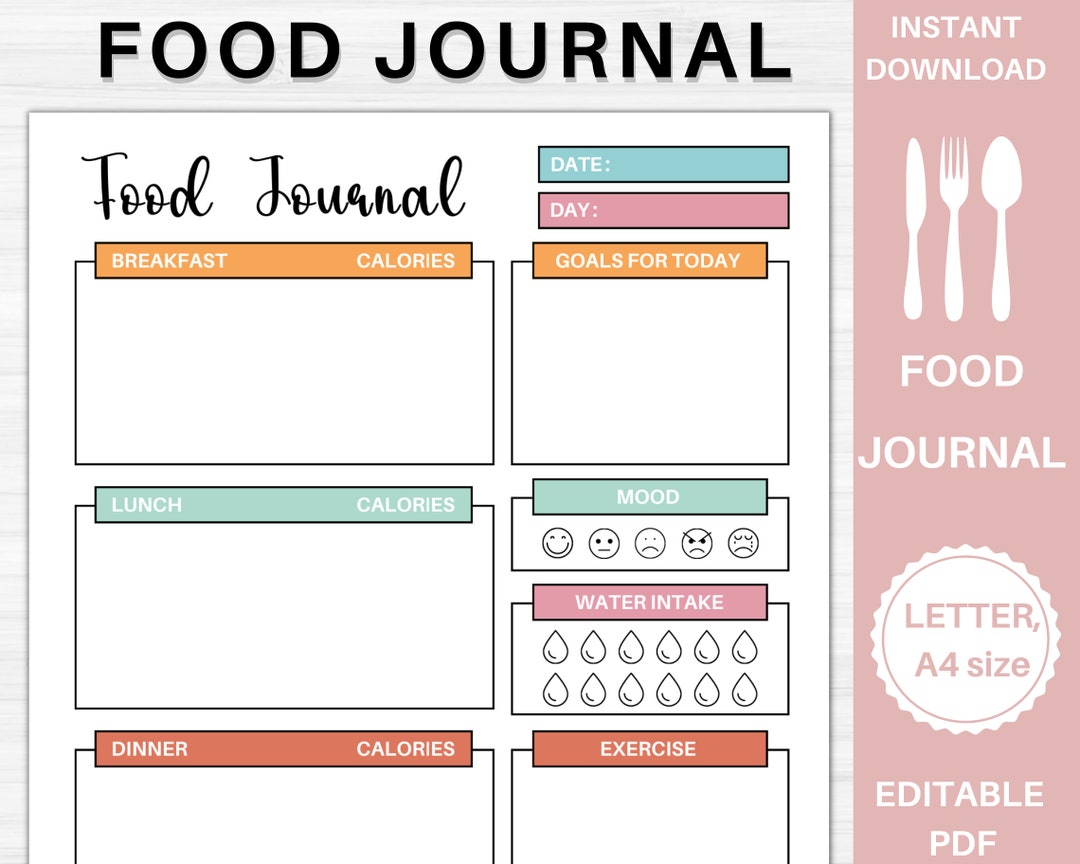 Food Journal Printable Food Diary Meal Journal Meal Tracker Daily Food ...