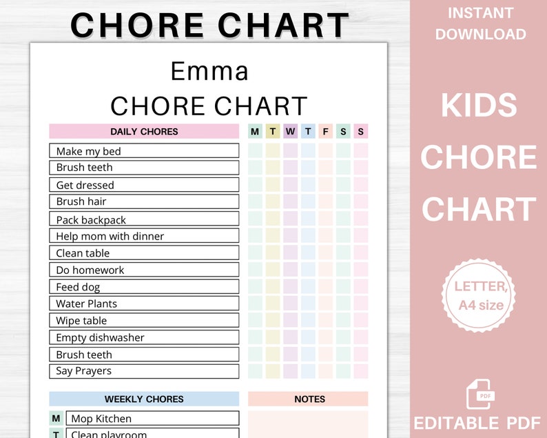 Chore Chart | Editable Responsibilities Chart | Chore List | Routine Chart | Allowance Chart ...