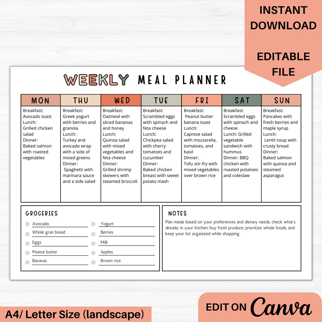 Meal Planner and Grocery List | Editable Meal Planner | 7 Days Menu ...