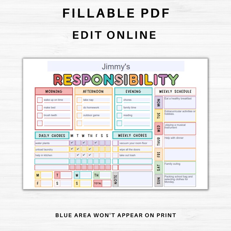Responsibility Chore Chart for Kids | Editable Chore Chart | Daily ...