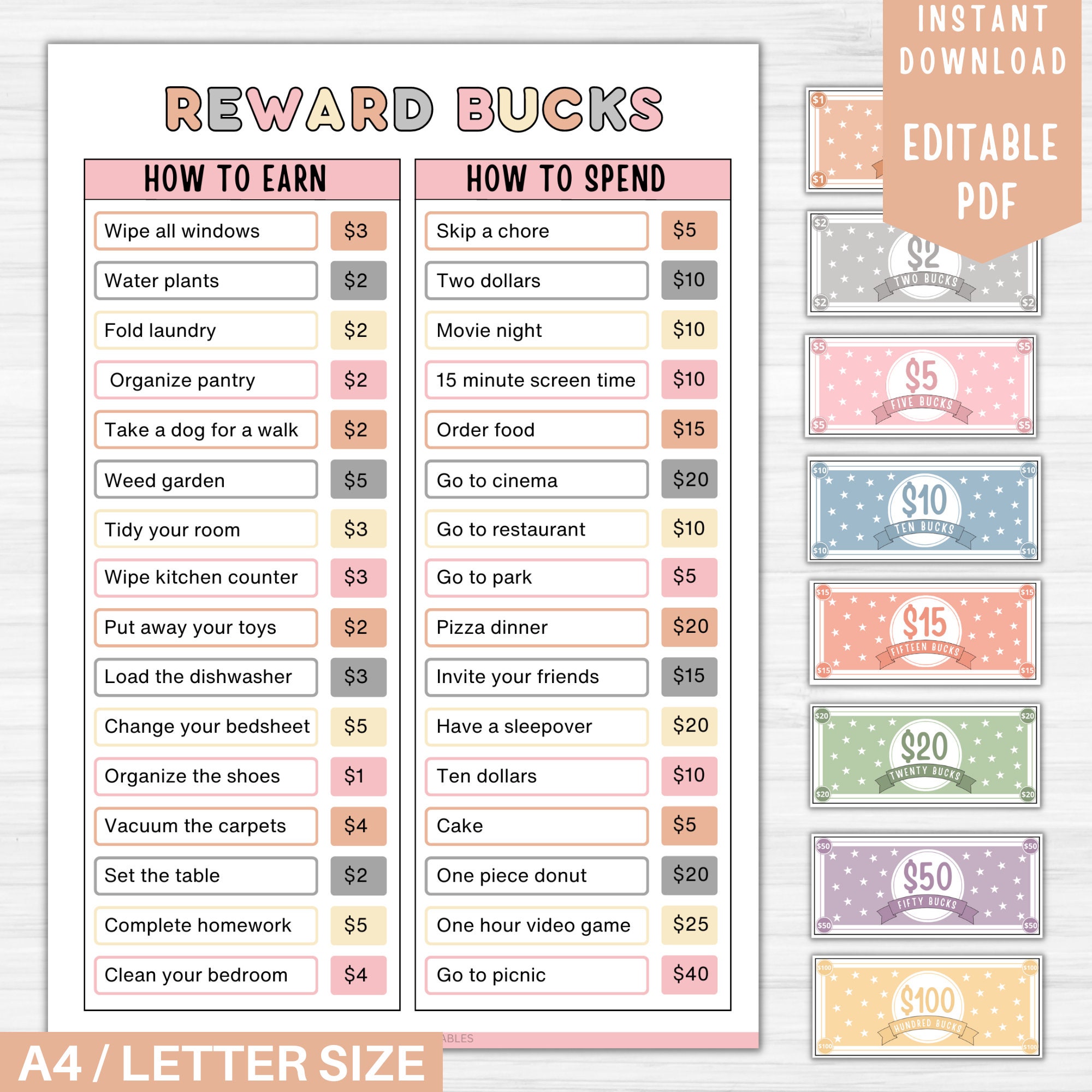 Kids Reward Bucks Editable | How to Earn Money Chore Chart | Editable ...
